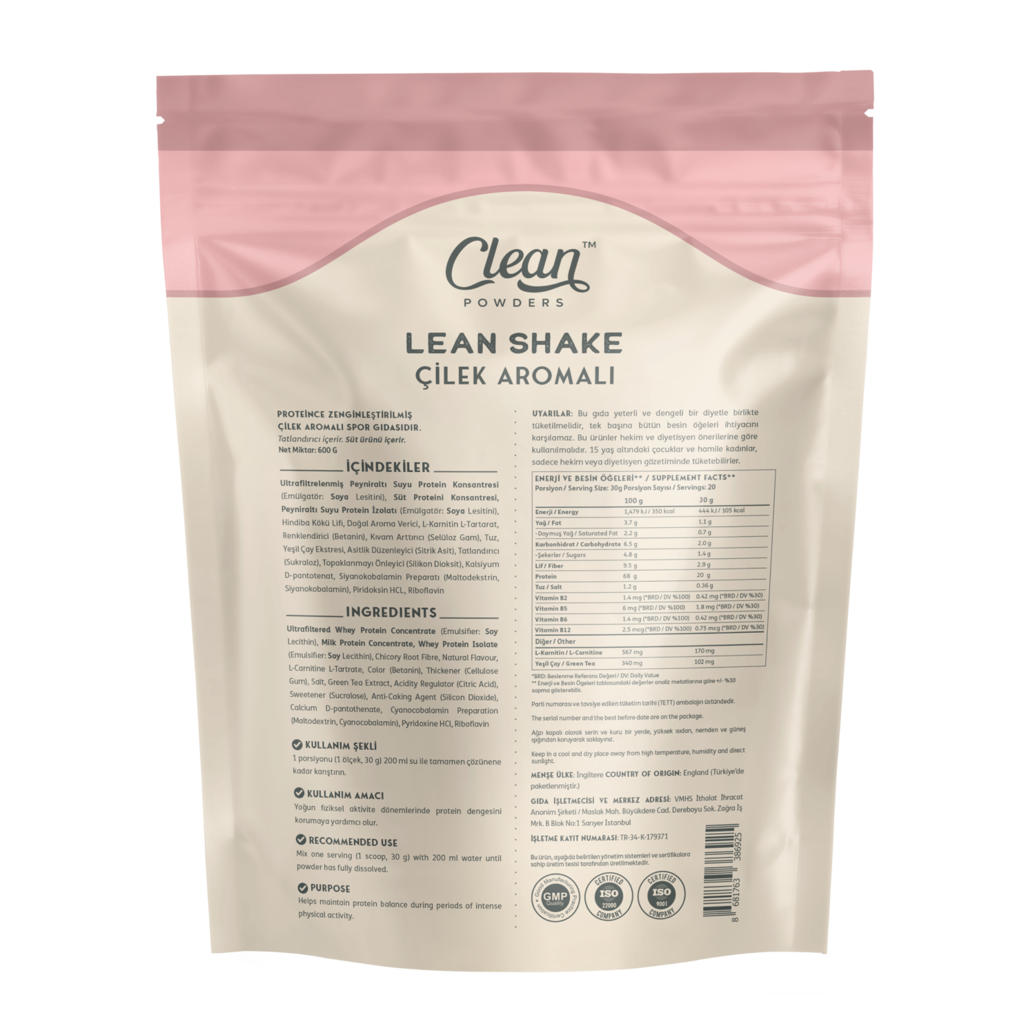 Lean Shake - Strawberry Flavor 600g - Clean Powders